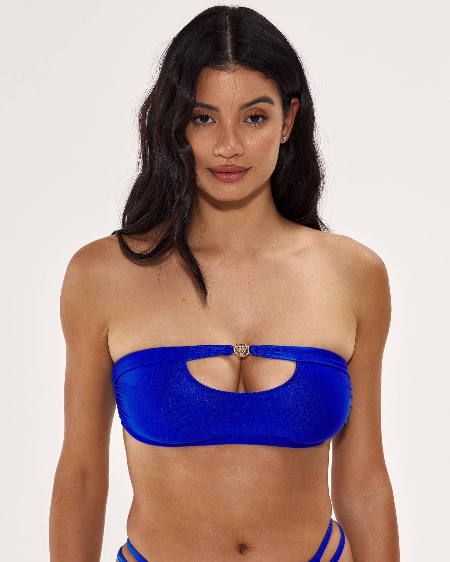 Blue Strapless cut-out bandeau bikini top with gold logo - S - Vivien Vance